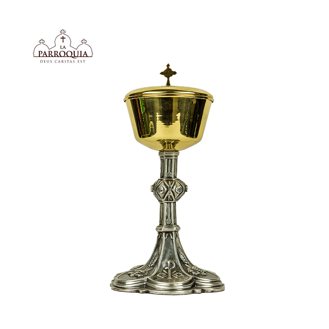 Copón Base grande decorada niquelada, copa dorada – La Parroquia